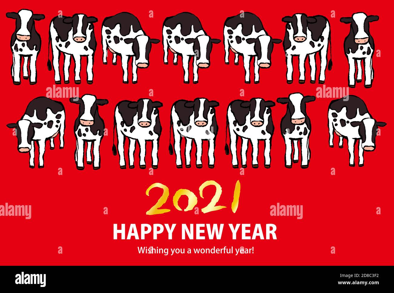 This is a illustration of Holstein cows line up of 2021 New Years card ...