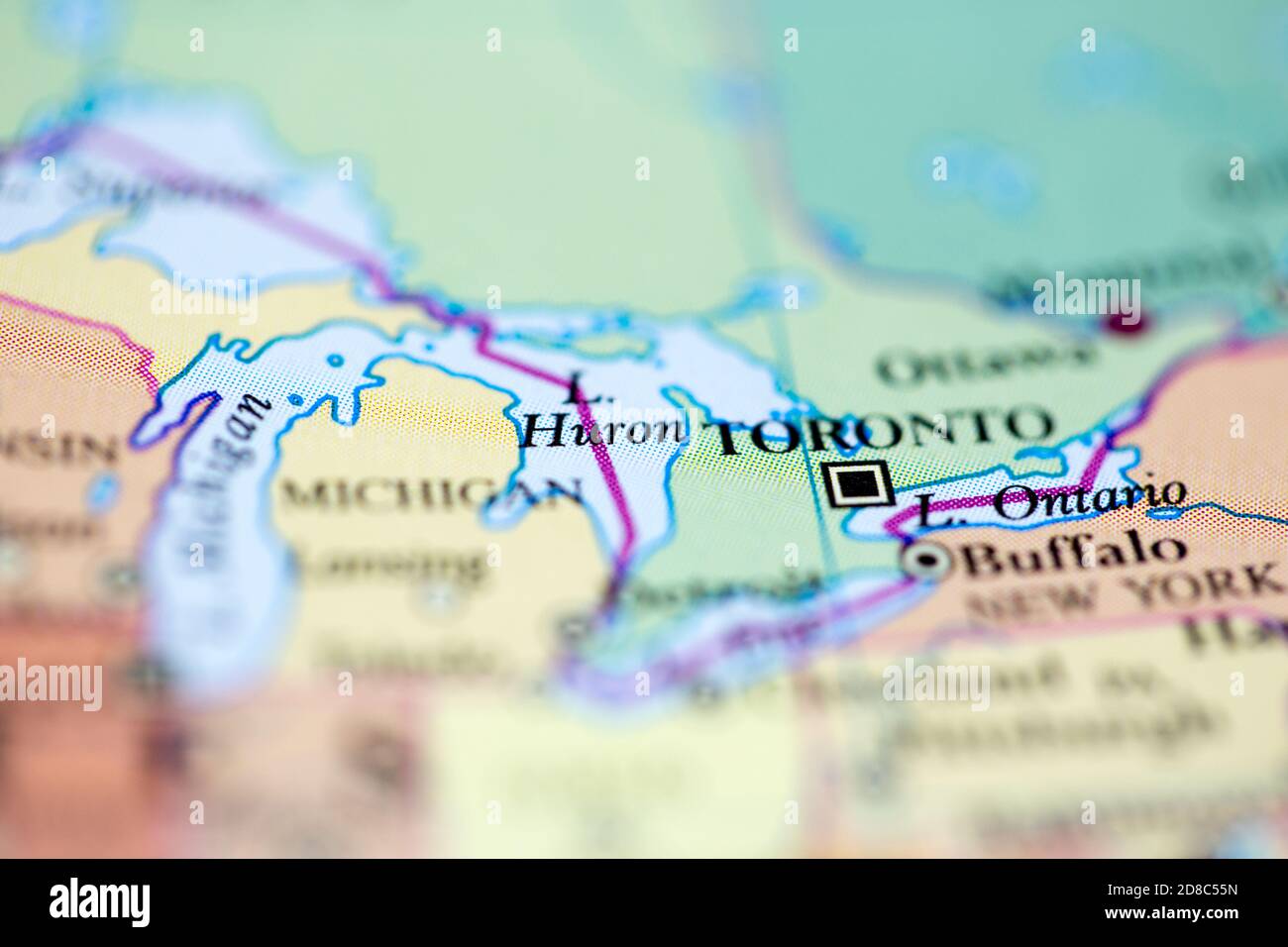 Shallow depth of field focus on geographical map location of Lake Huron ...