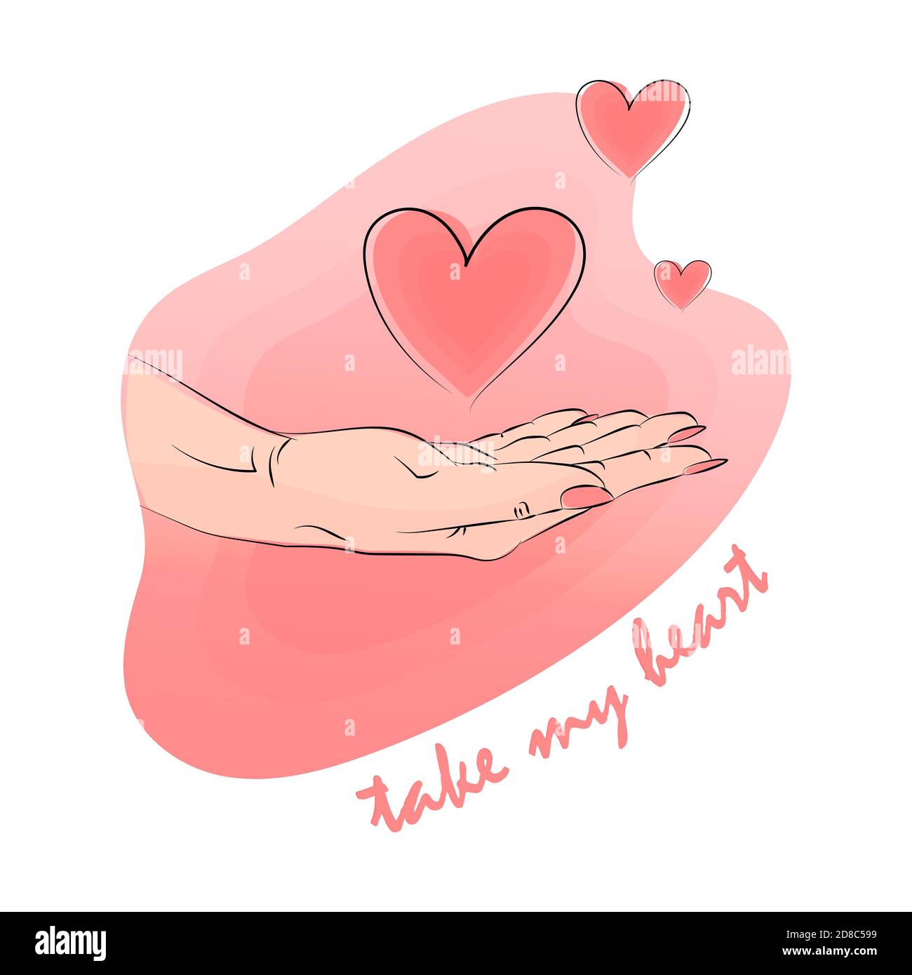 Valentine's Day Greeting Card. Hand-drawn female hand holds a pink ...