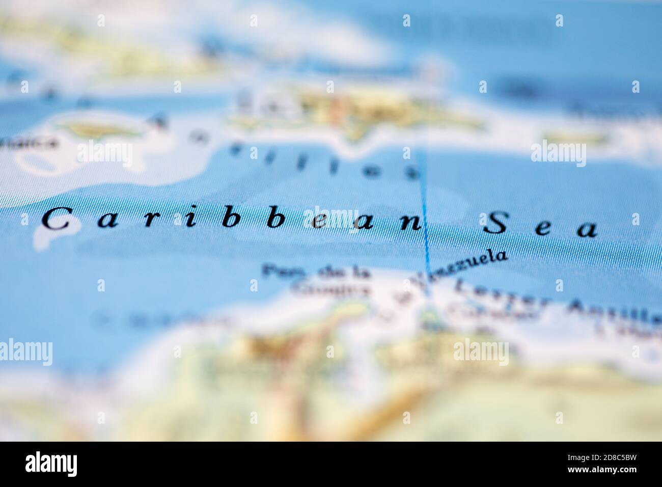 Shallow depth of field focus on geographical map location of Caribbean ...