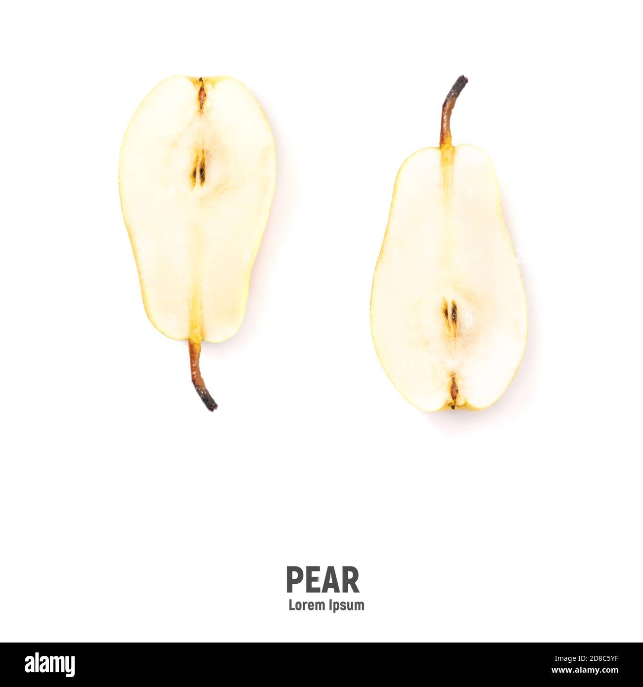 Pear fruit on the white background. Collection of whole and sliced pear ...
