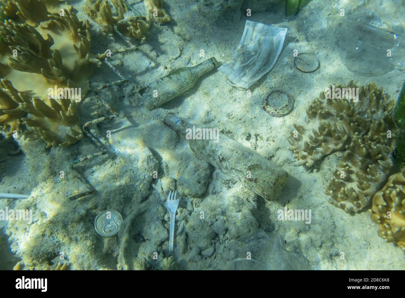 Face masks and plastic debris on bottom in Red Sea. Coronavirus COVID ...