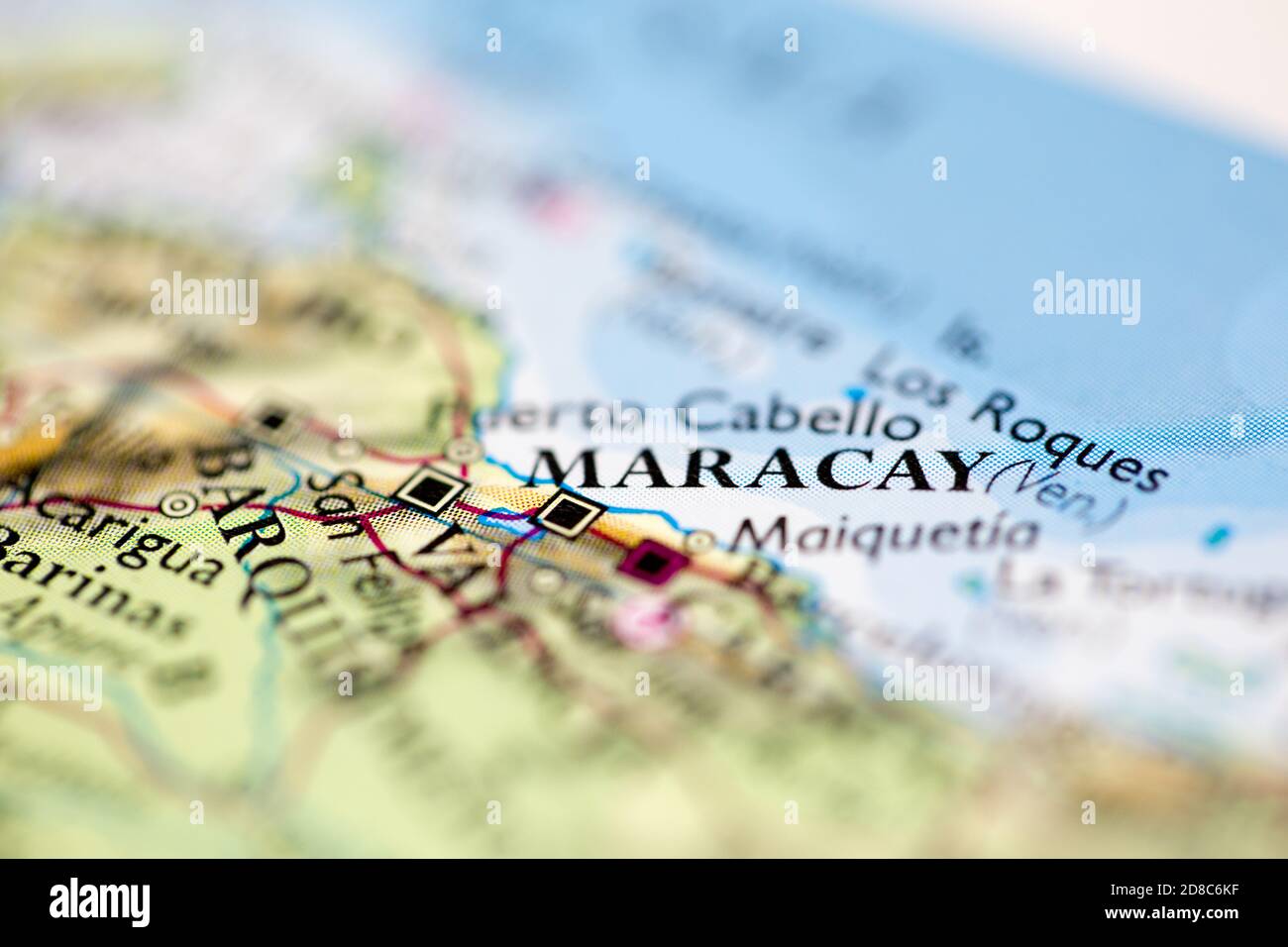 Shallow depth of field focus on geographical map location of Maracay ...