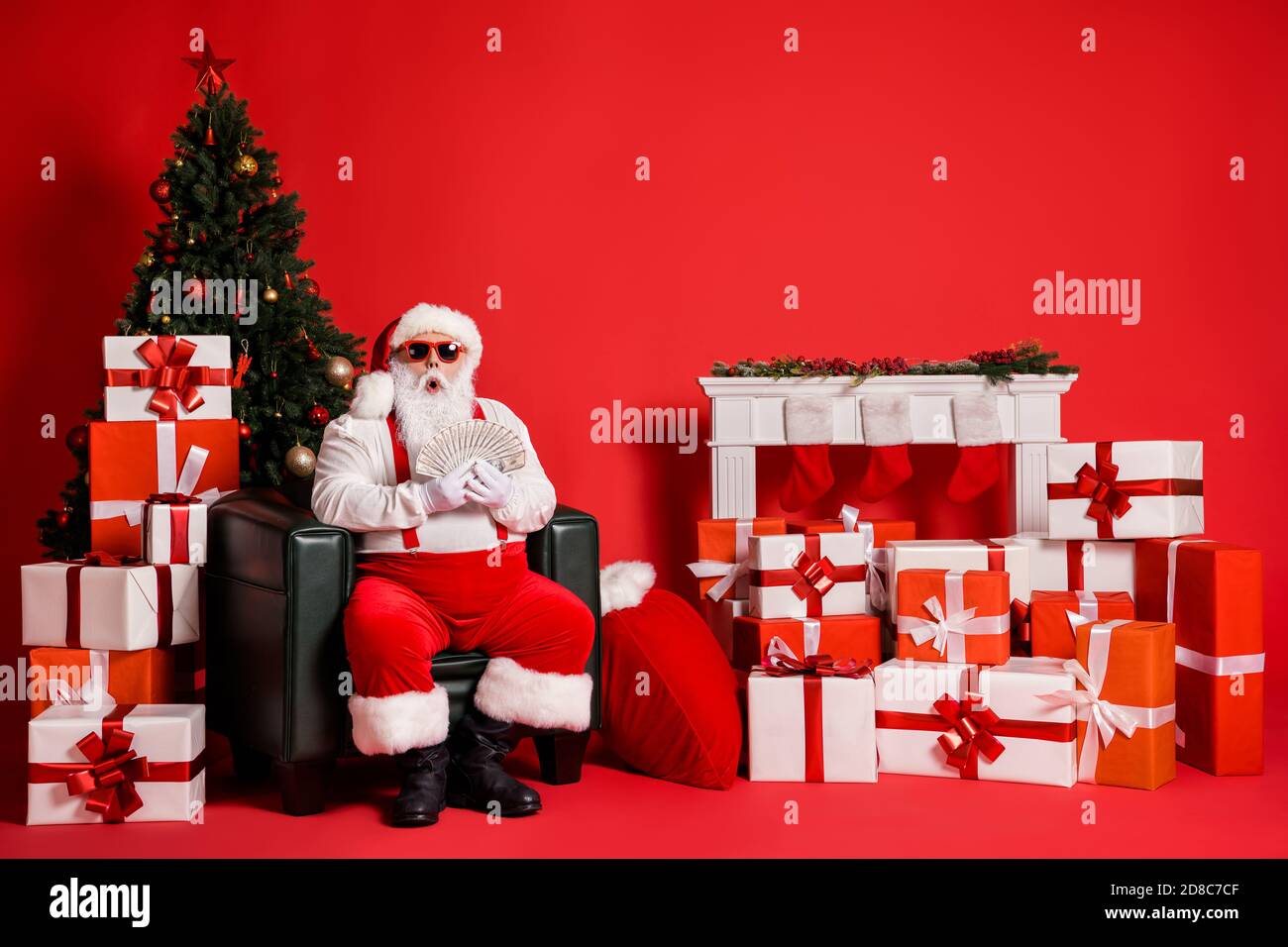 Portrait of his he nice attractive funky fat amazed stunned rich Santa ...