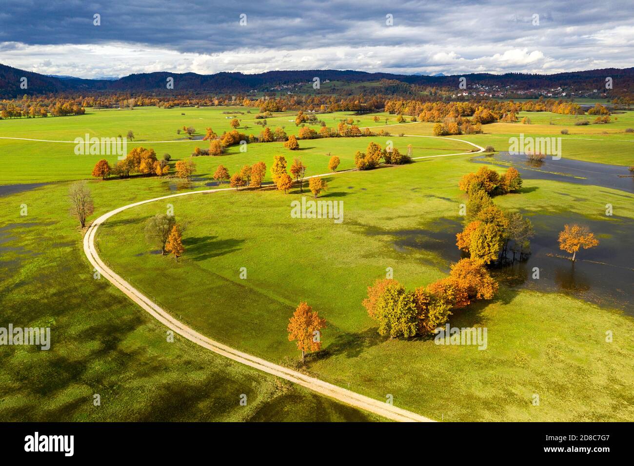 Aerial view of a Planina Plain, lowest-lying Karst plain in the ...