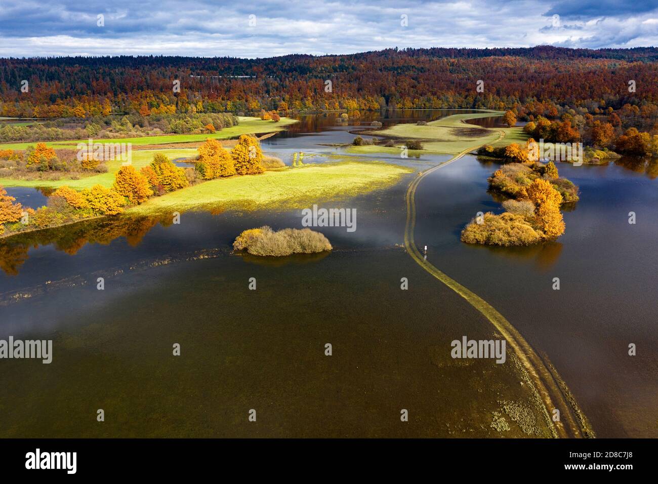 Aerial view of a Planina Plain in aututmn colours, Karst plain in the ...