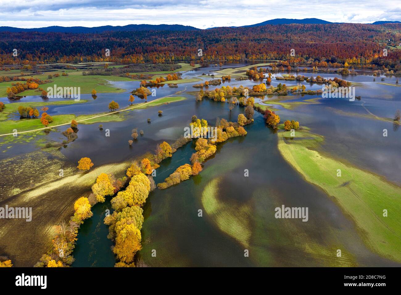 Aerial view of a Planina Plain in autumn colours, Karst plain in the ...