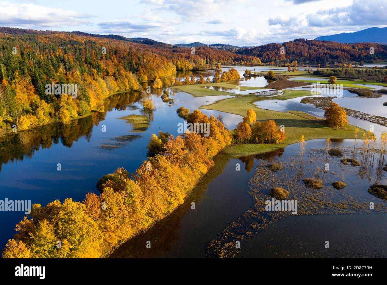 Aerial view of a Planina Plain in autumn colours, Karst plain in the ...