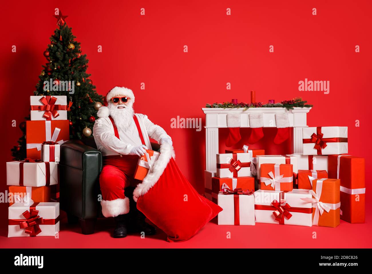Portrait of his he attractive funky fat overweight cheerful glad Santa ...