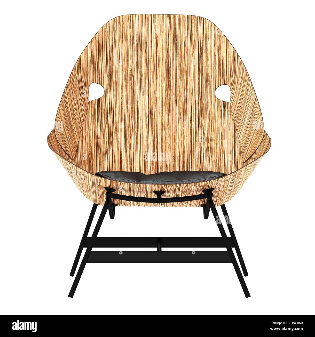 A chair made of thin sheets of wood and a black pillow on the seat ...