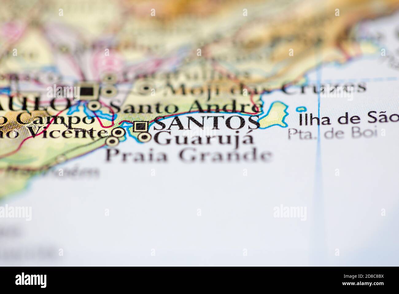 Shallow depth of field focus on geographical map location of Santos ...