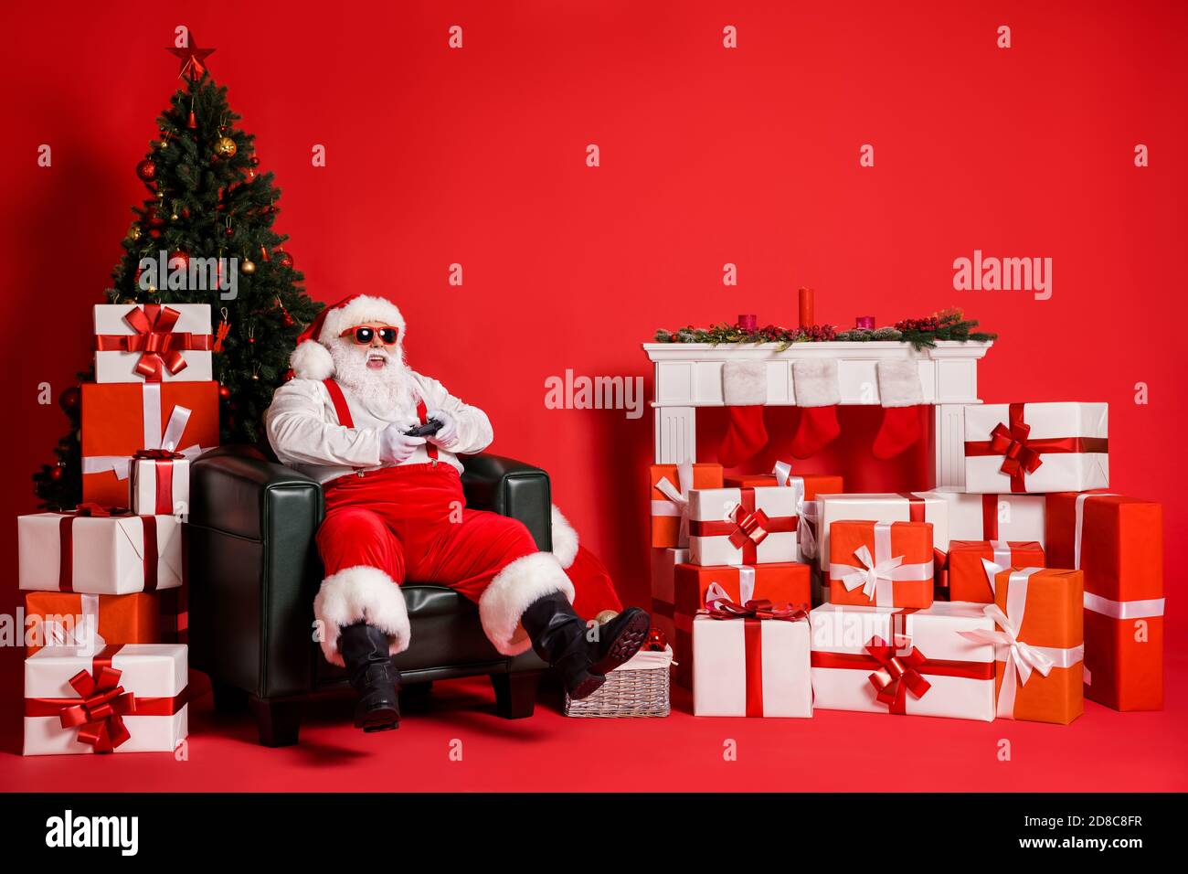 Portrait of his he attractive funky fat overweight cheerful Santa ...