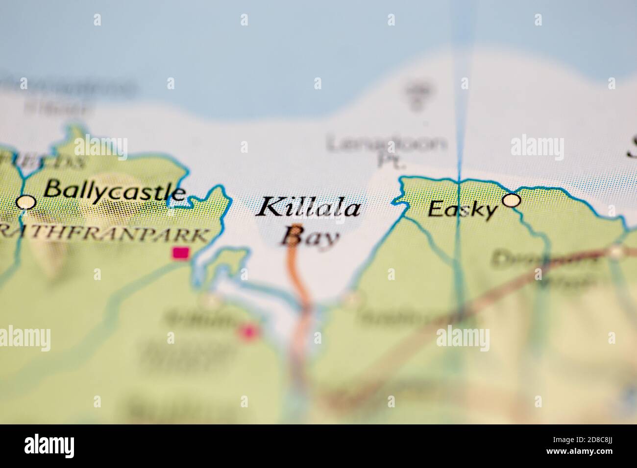 Shallow depth of field focus on geographical map location of Killala ...