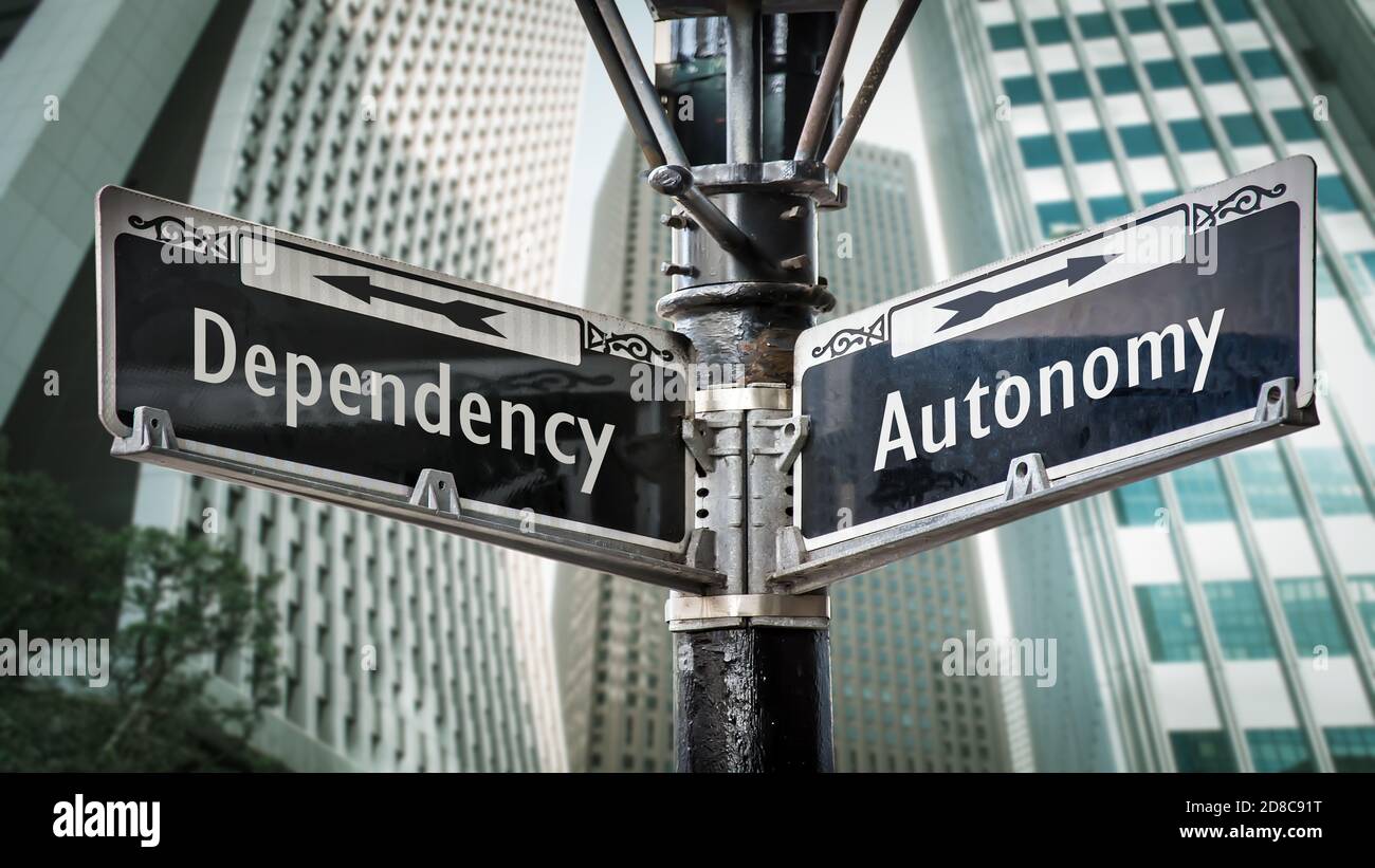 Street Sign the Direction Way to Autonomy versus Dependency Stock Photo ...