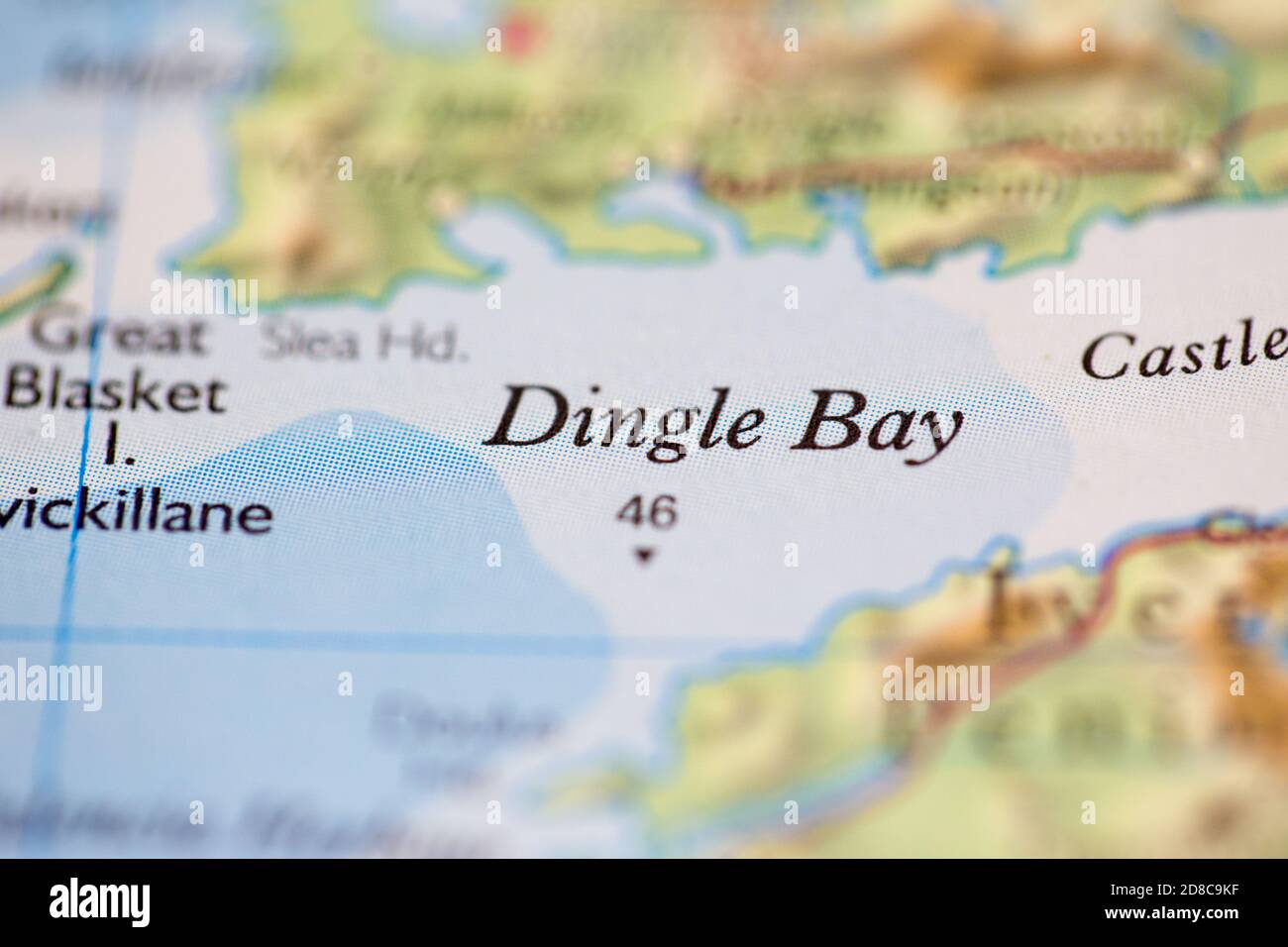 Shallow depth of field focus on geographical map location of Dingle Bay ...