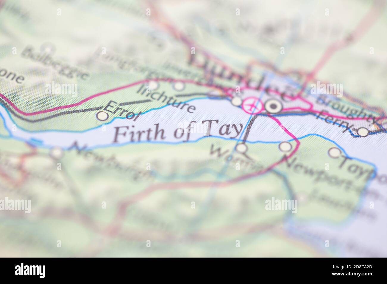Shallow depth of field focus on geographical map location of Firth of ...