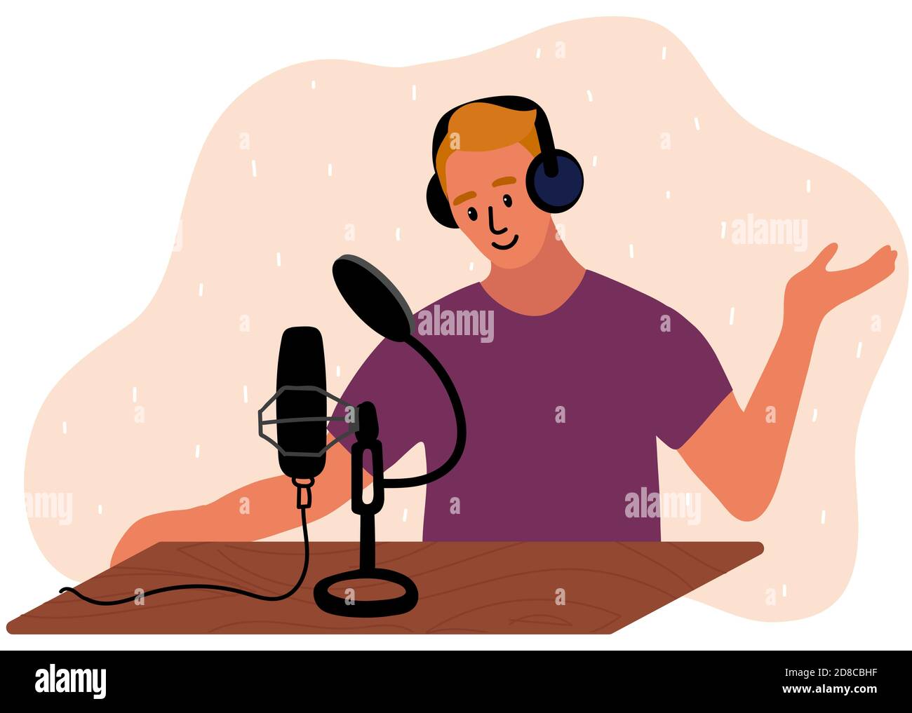 Blond man in purple t shirt is doing live podcast. Male podcaster ...