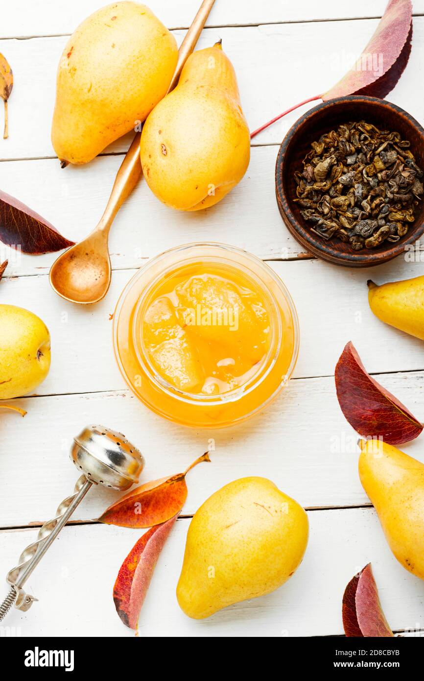Glass jar with autumn homemade pear jam Stock Photo - Alamy