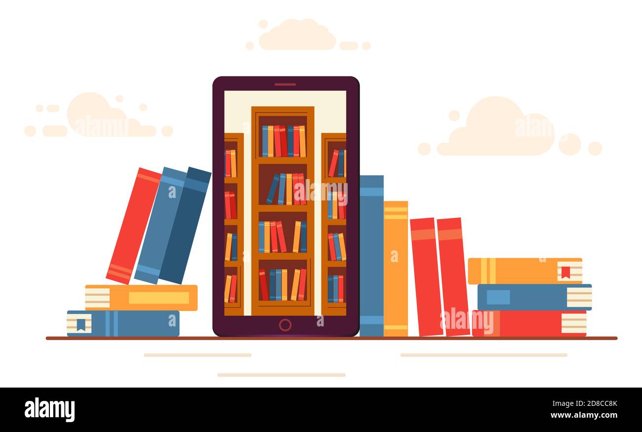 Online Education. A mobile phone with library bookshelves inside. There ...