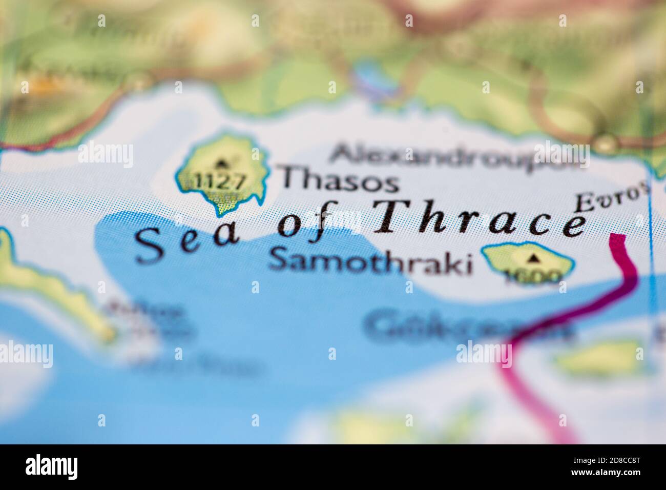 Shallow depth of field focus on geographical map location of Sea of ...