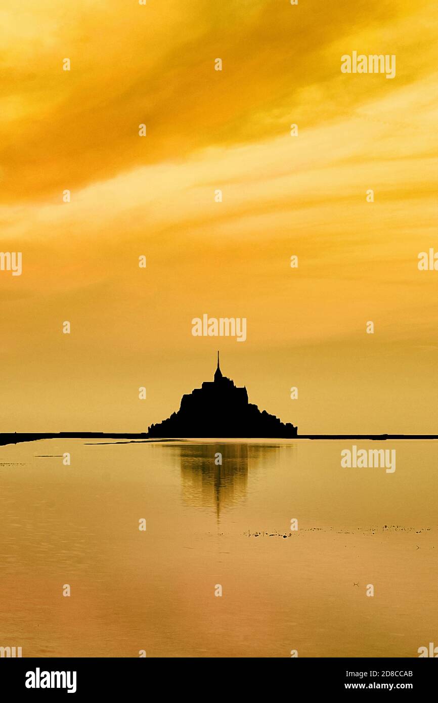 golden sunrise on mount st michael, normandy-france Stock Photo - Alamy