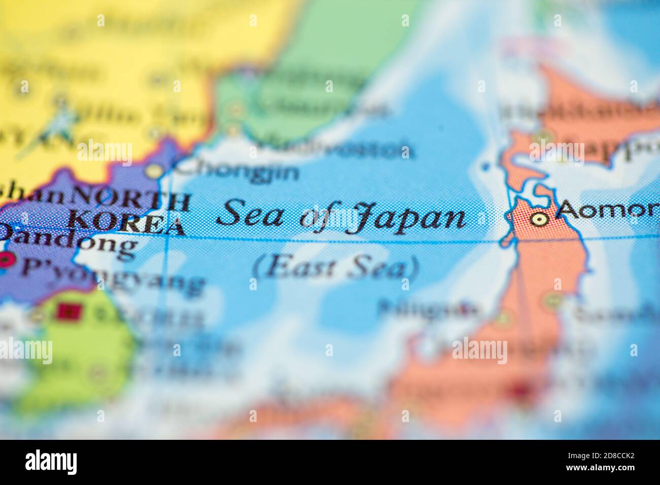 Shallow depth of field focus on geographical map location of Sea of ...