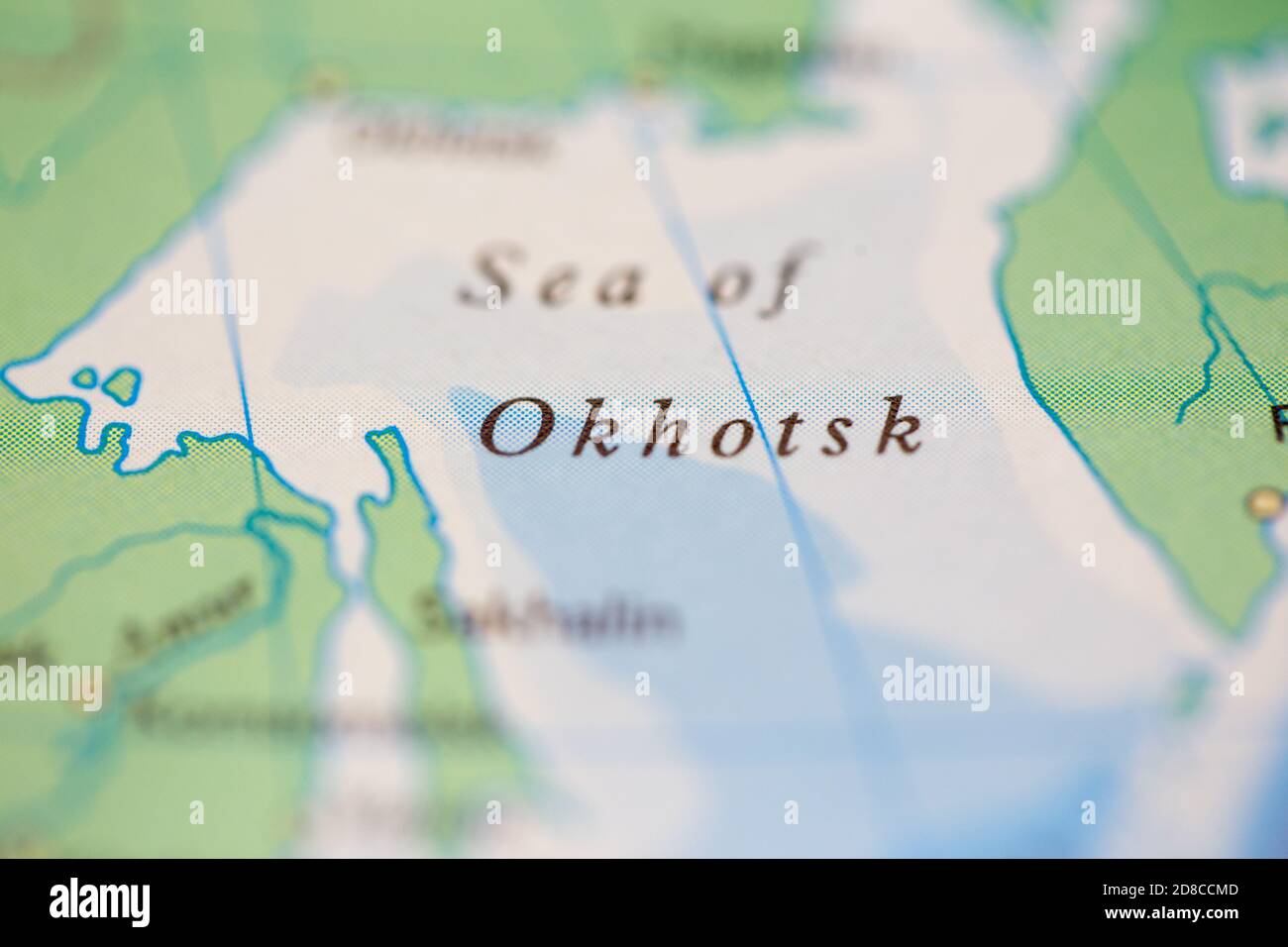 Shallow depth of field focus on geographical map location of Sea of ...