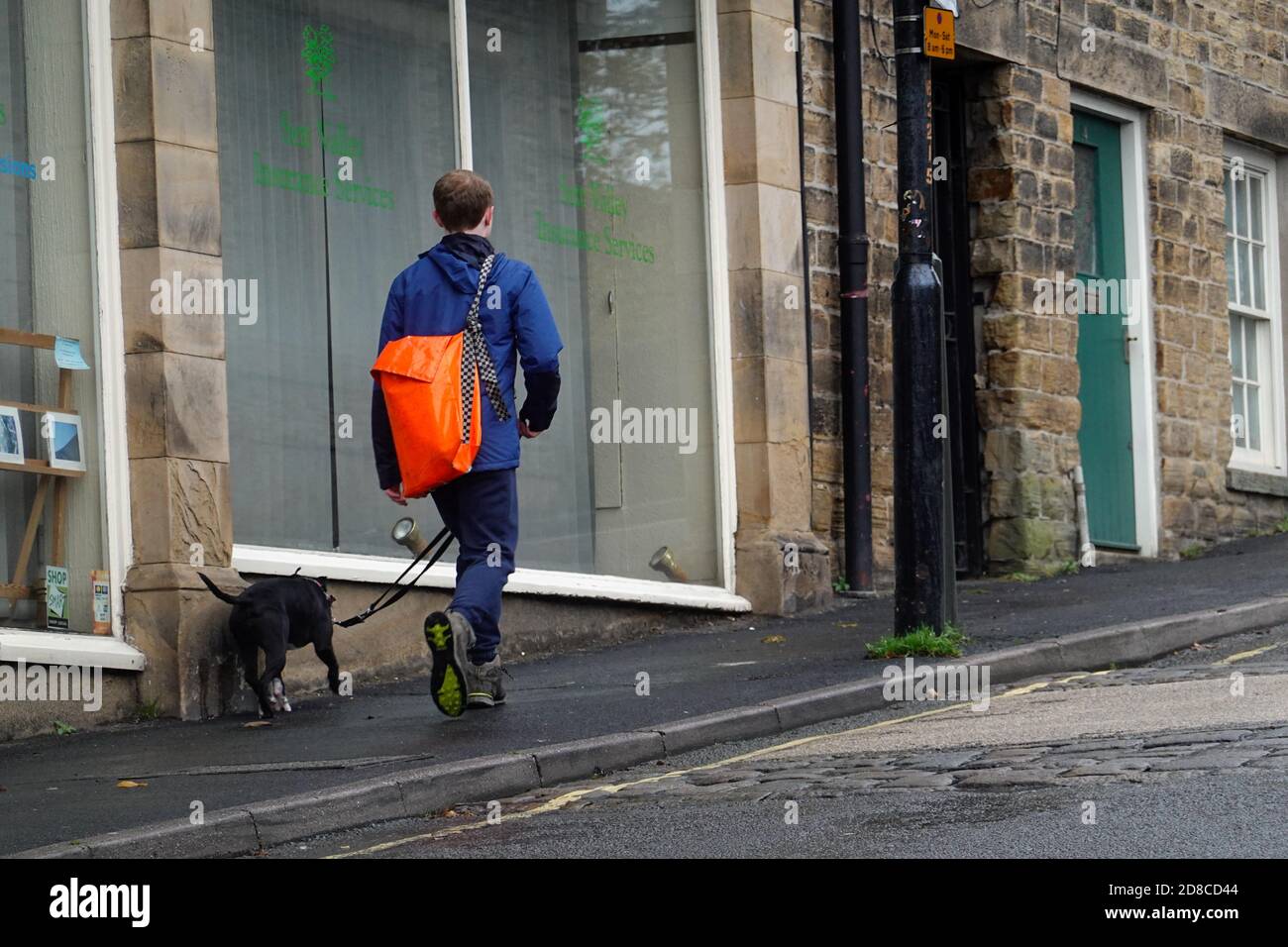 A paperboy combines delivering papers and walking his dog Stock Photo ...