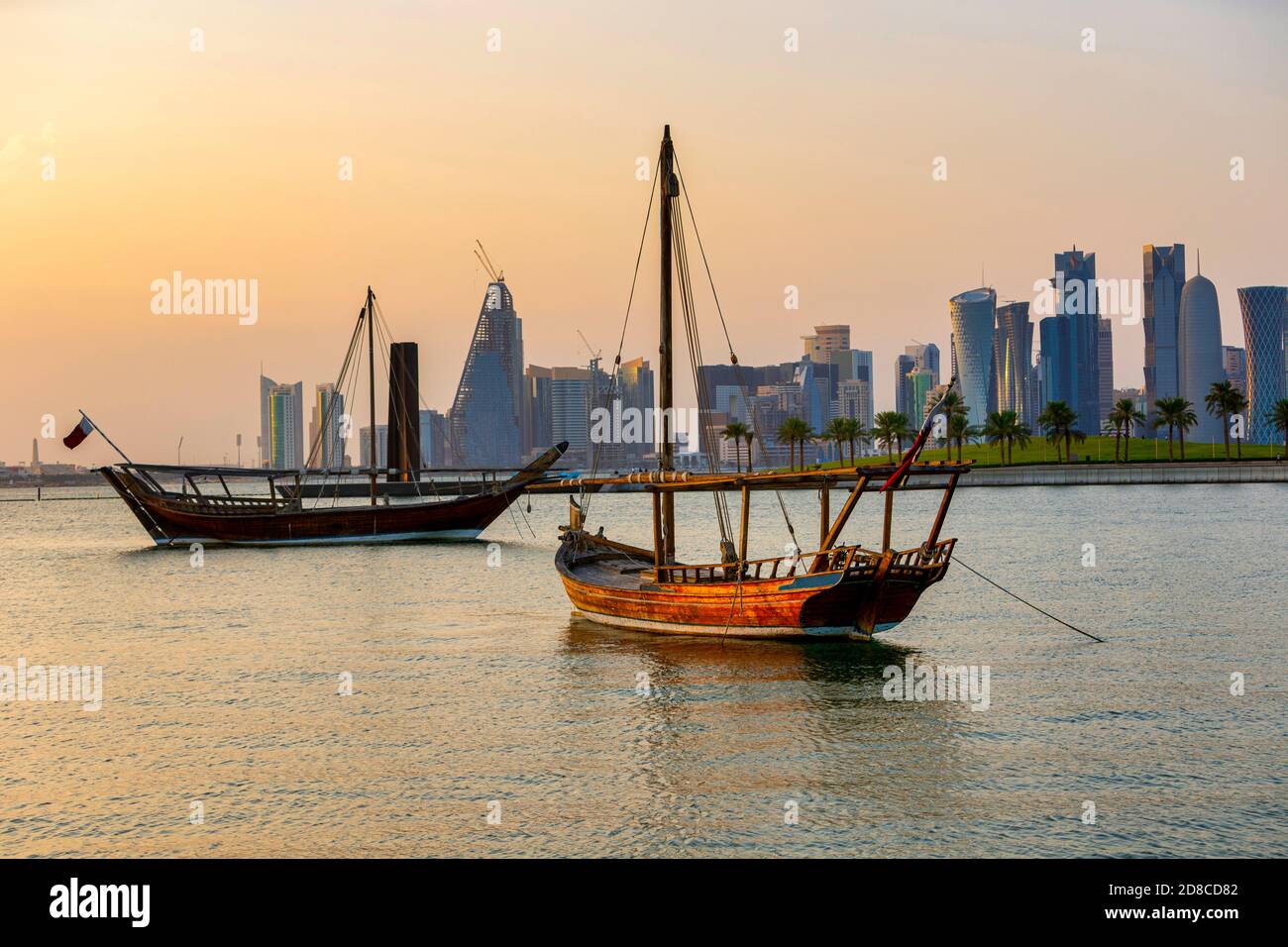 :Traditional Dhow boat at the coast of Doha during sunset, Qatar Qatar ...
