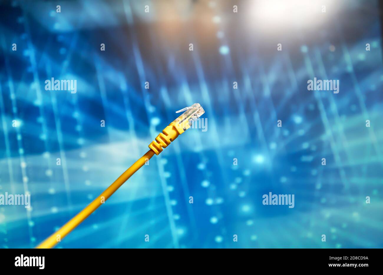 yellow network cable with rj-45 connector on a blue background Stock ...