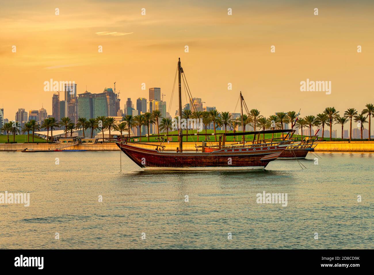 :Traditional Dhow boat at the coast of Doha during sunset, Qatar Qatar ...