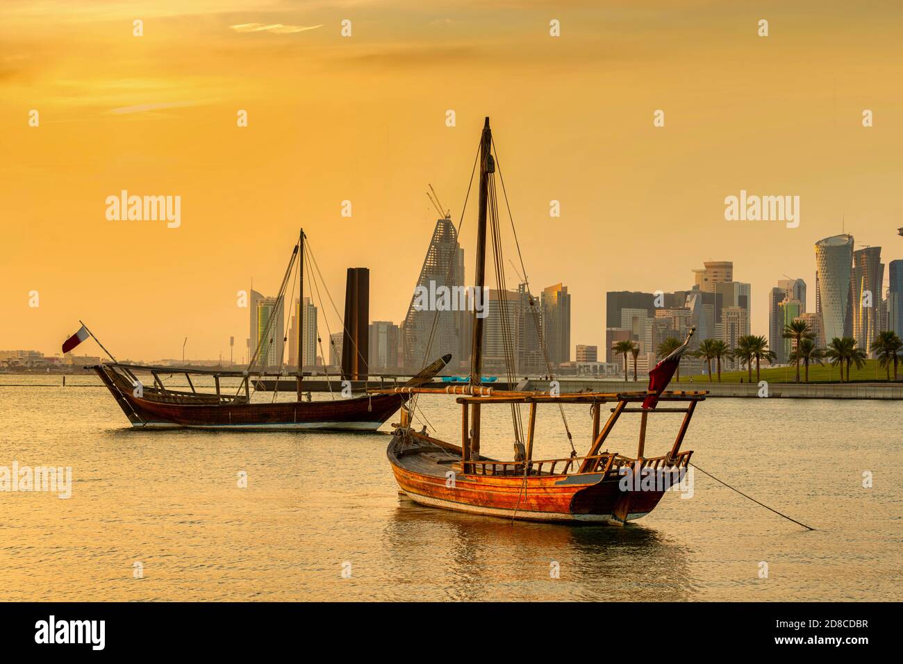 :Traditional Dhow boat at the coast of Doha during sunset, Qatar Qatar ...