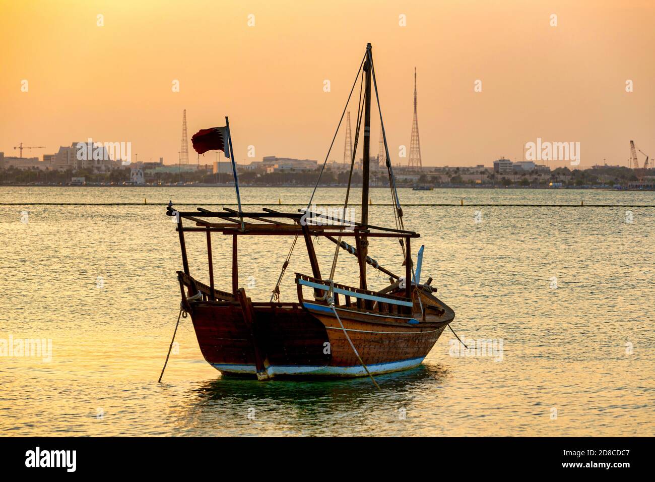 :Traditional Dhow boat at the coast of Doha during sunset, Qatar Qatar ...