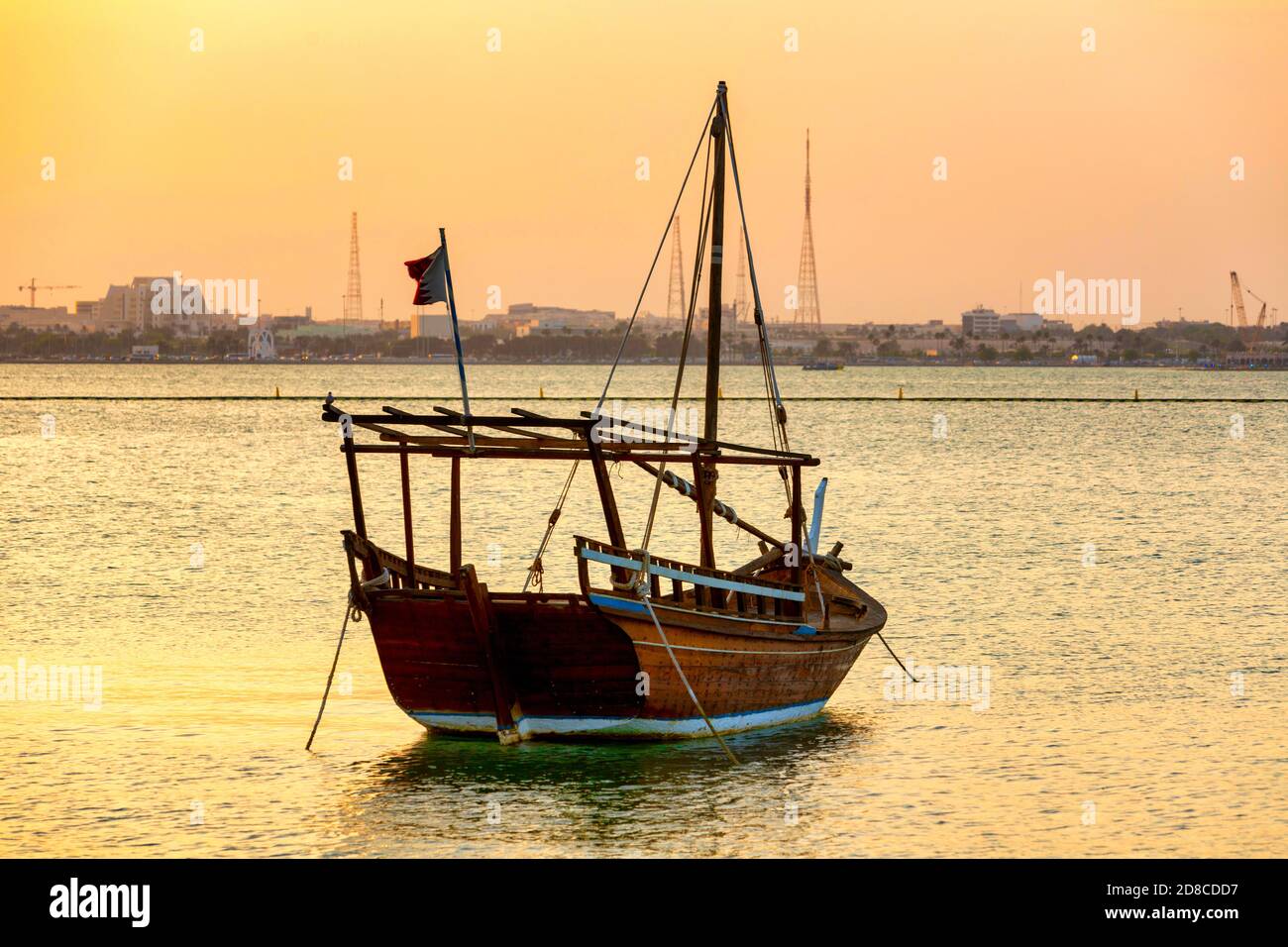 :Traditional Dhow boat at the coast of Doha during sunset, Qatar Qatar ...