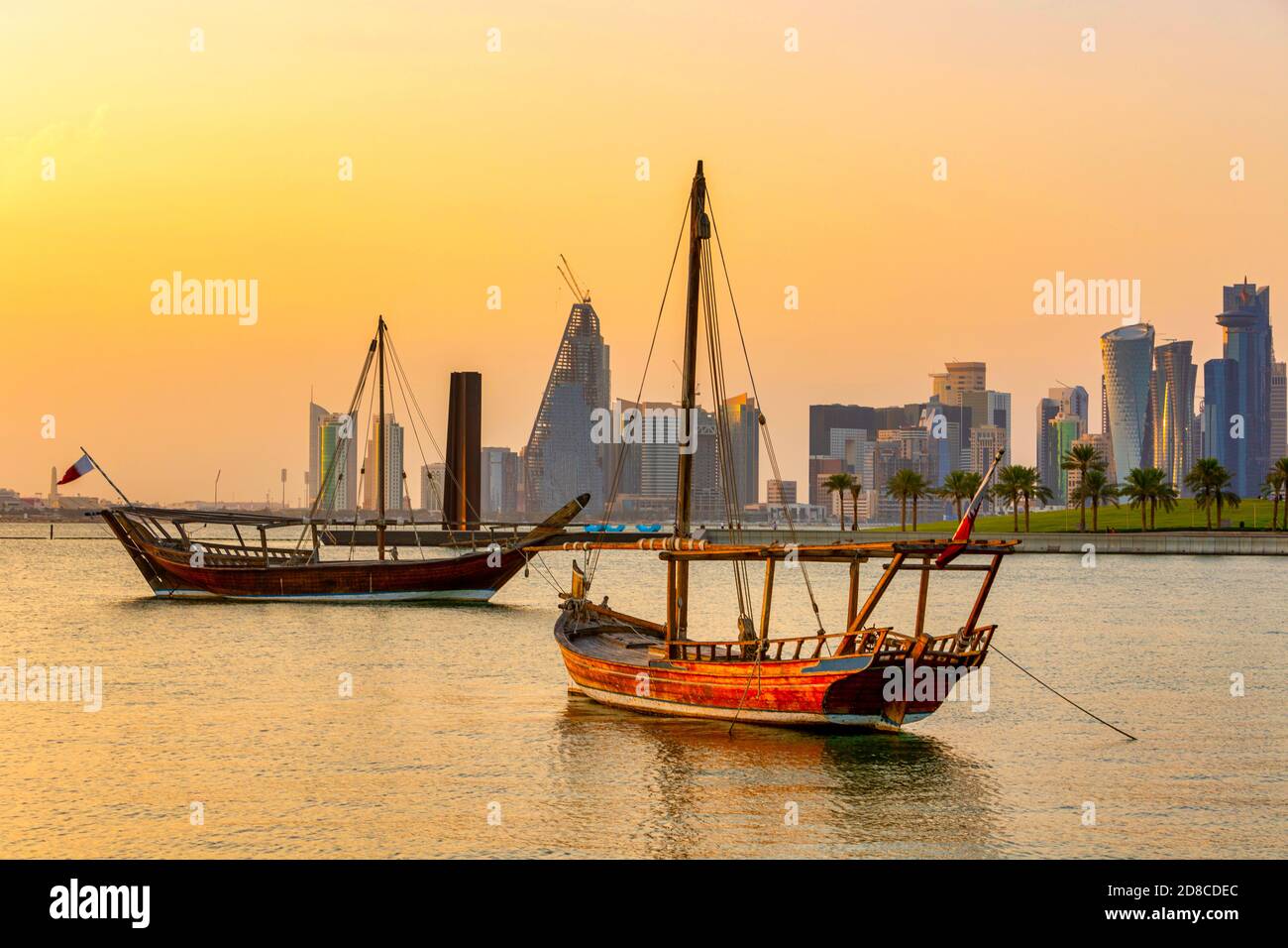 :Traditional Dhow boat at the coast of Doha during sunset, Qatar Qatar ...