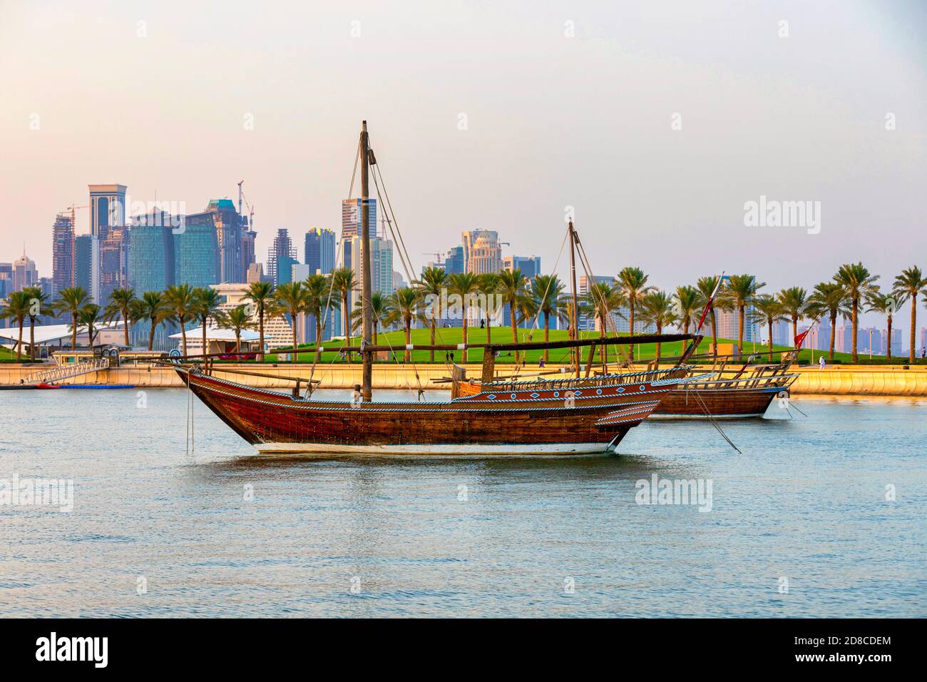 :Traditional Dhow boat at the coast of Doha during sunset, Qatar Qatar ...