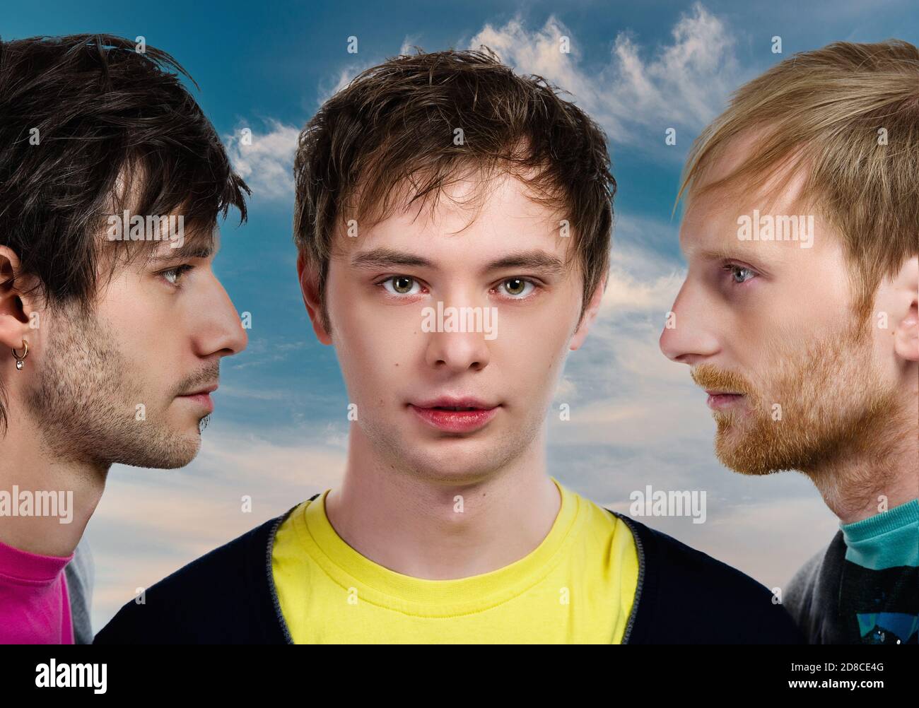 Close up head shot portraits three guy faces front and side profile ...