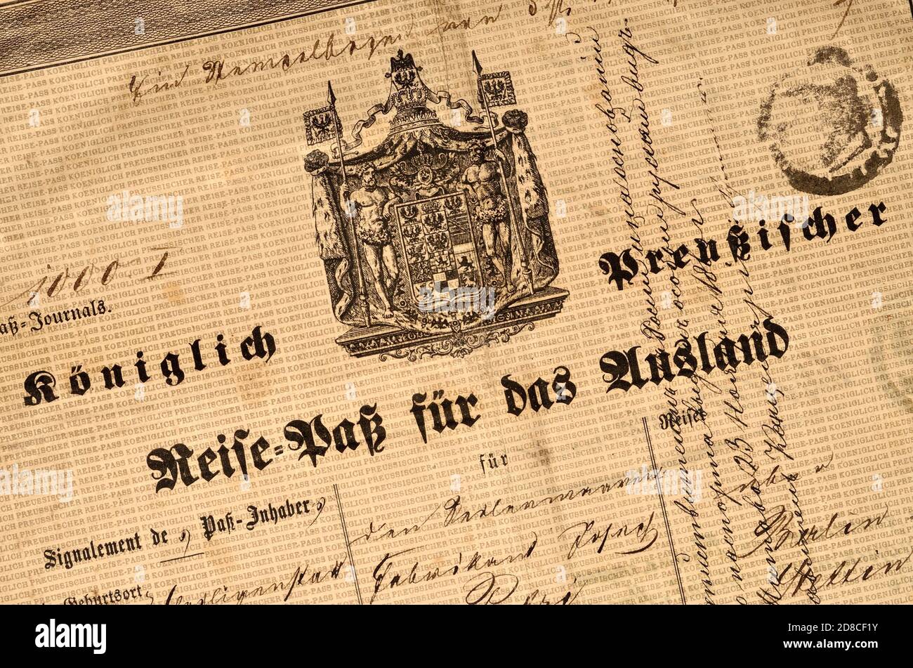 German document: Prussian passport from 1860 with German Gothic script ...