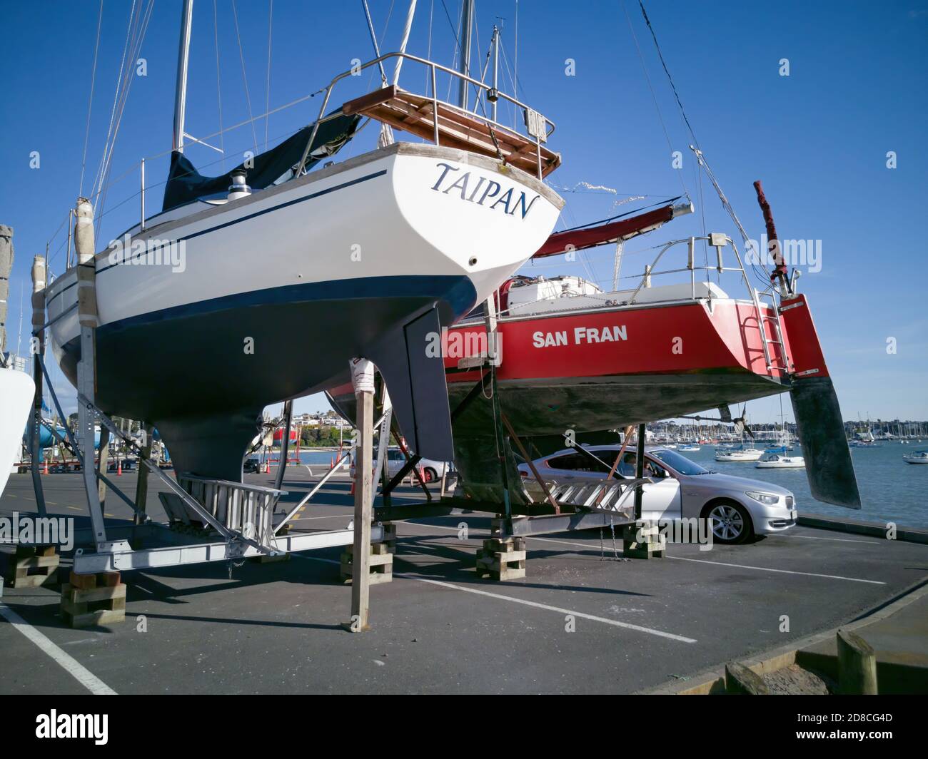 AUCKLAND, NEW ZEALAND - Oct 13, 2019: View of yachts on dry dock stand ...