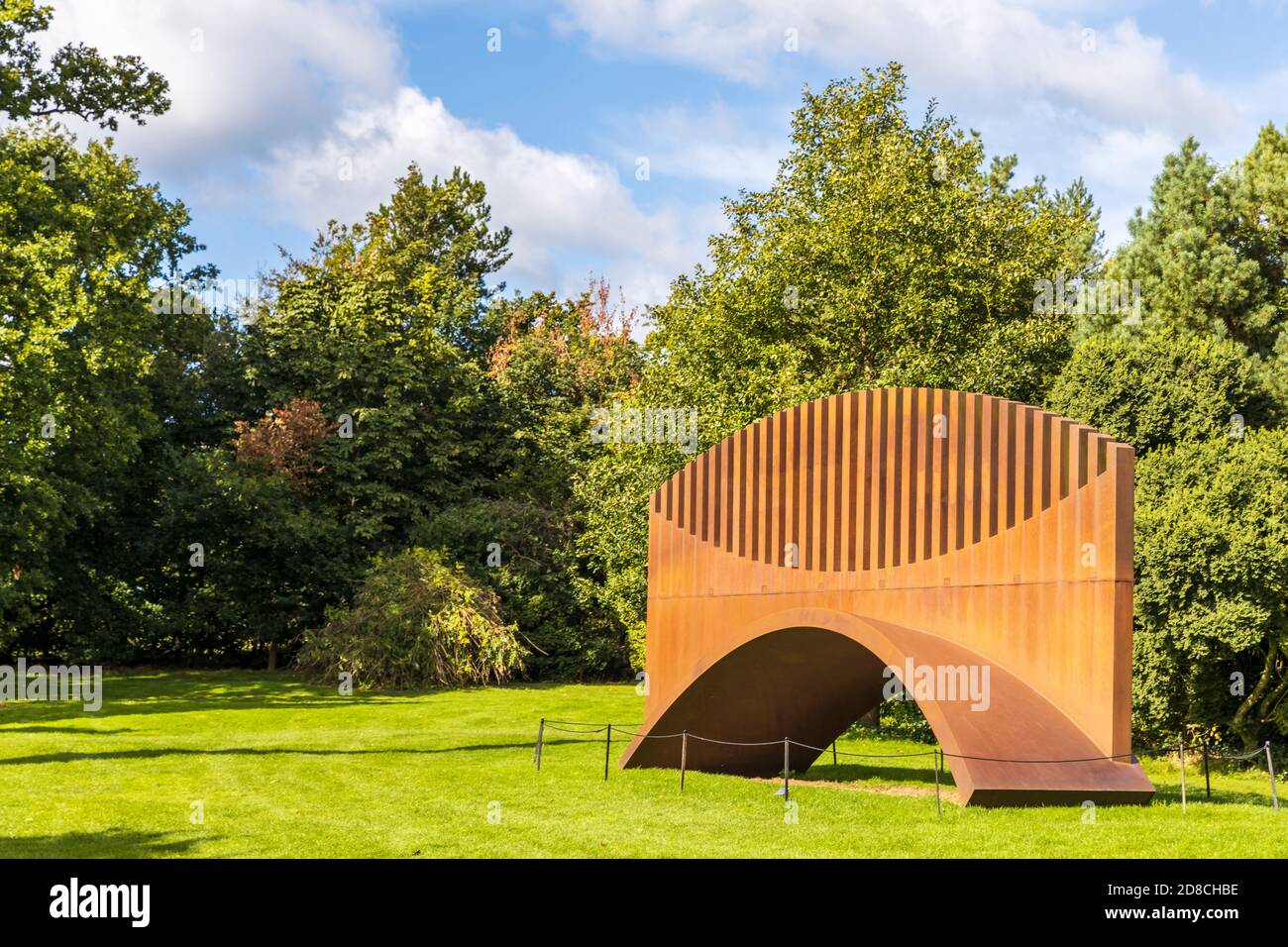 Scenic view at the Yorkshire Sculpture Park with modern art pieces ...