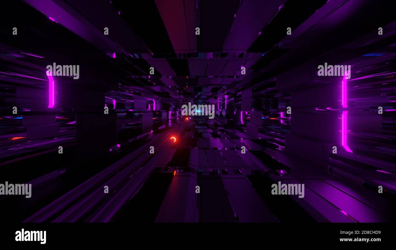 glowing neon pipes in an futuristic science fiction tunnel corridor ...