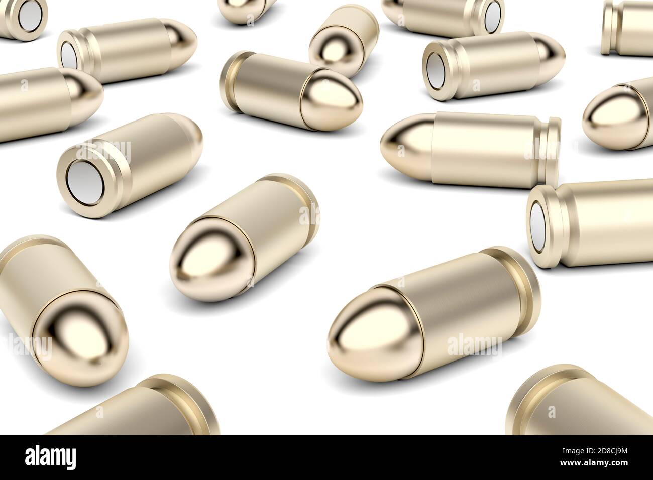 Many pistol bullets on white background Stock Photo - Alamy