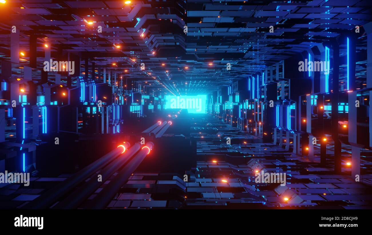 glowing electric pipes with neon lights in a futuristic science fiction ...