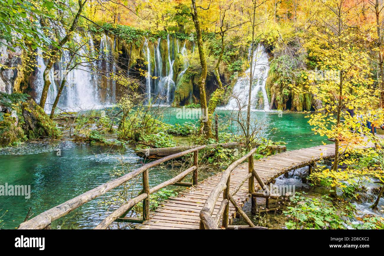 Autumn landscape with waterfall in Plitvice lakes national park ...