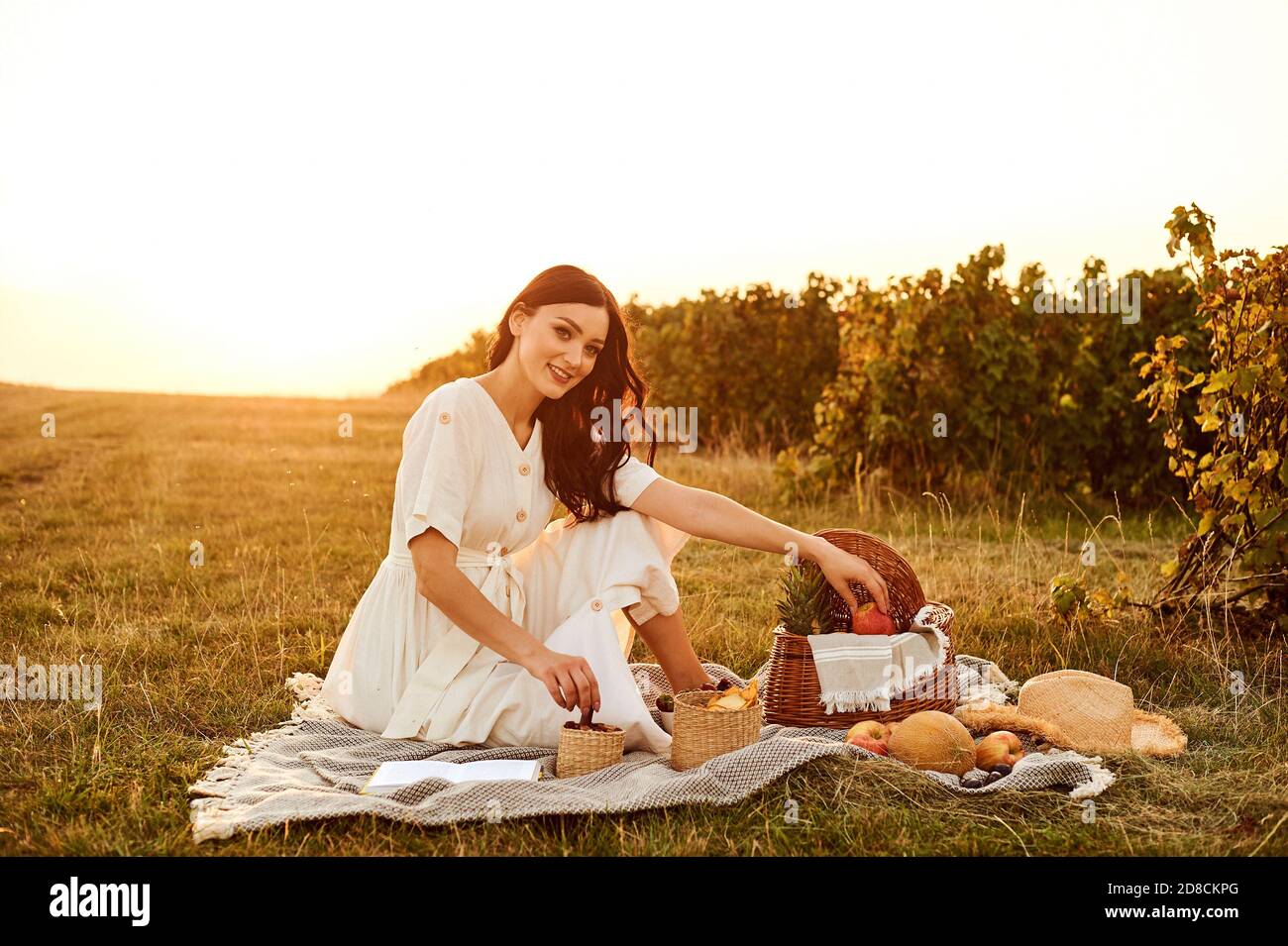 Girl on picnic in field eating fruits on sunlight background. Concept ...