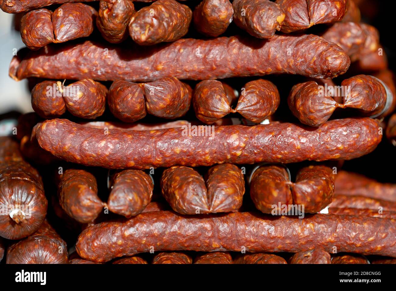 Traditional famous hungarian sausages arranged at the stand Stock Photo ...