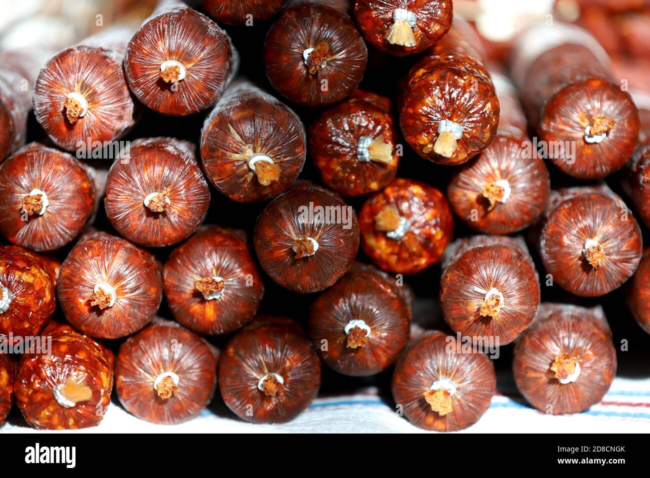 Traditional famous hungarian sausages arranged at the stand Stock Photo ...