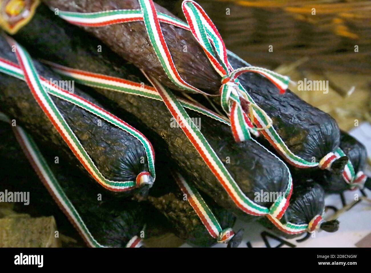 Traditional famous hungarian sausages arranged at the stand Stock Photo ...