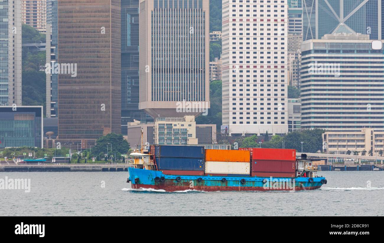Small Cargo Container Ship Passing Victoria Harbour Hong Kong Stock ...