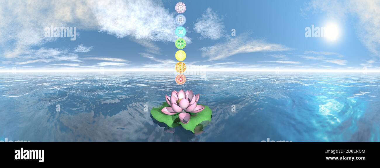 Seven chakra symbols column upon lotus flower - 3D render Stock Photo ...